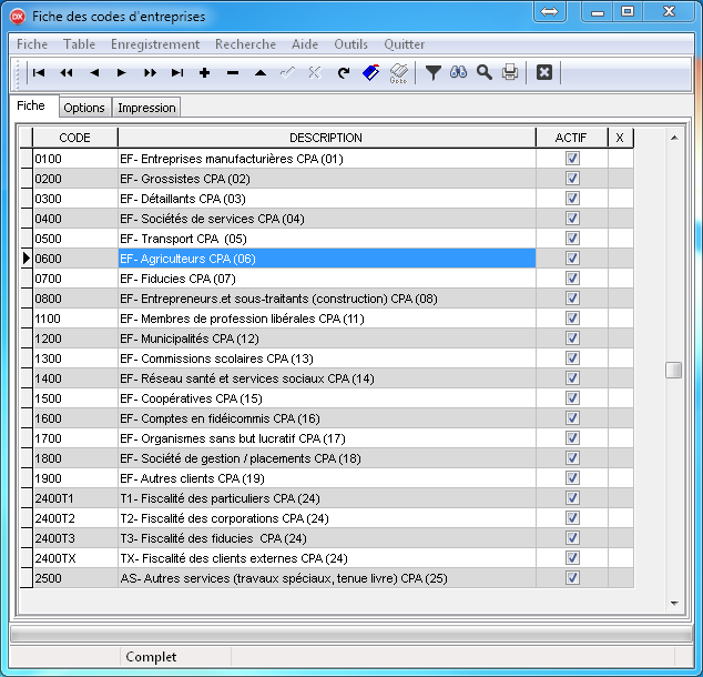Module Travaux en cours > Menu des fiches sources > Fiche des codes d ...